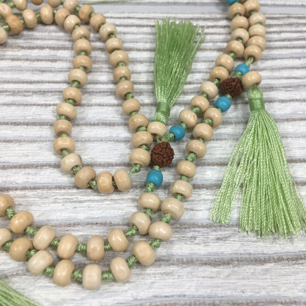 Knotted Wood Mala Necklace Mint Green Tassels – Amadara
